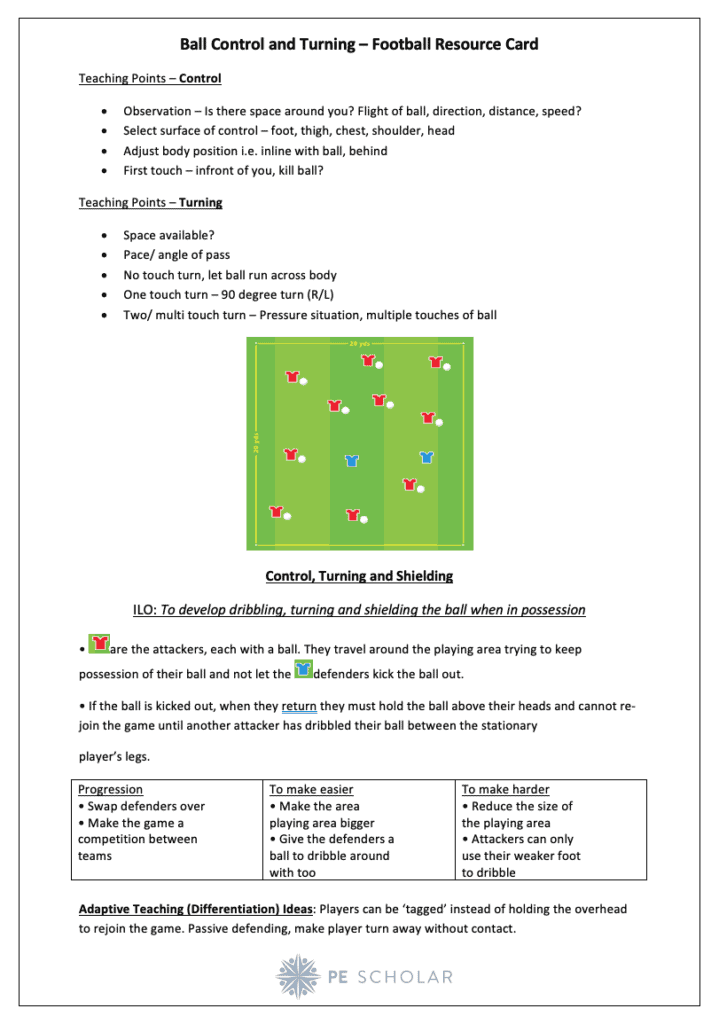 Football Resource Card: Turning and Ball Control - PE Scholar