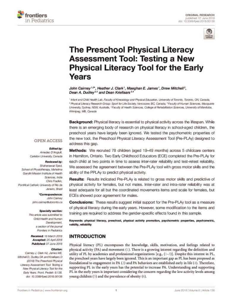 The Preschool Physical Literacy Assessment Tool: Testing a New Physical ...