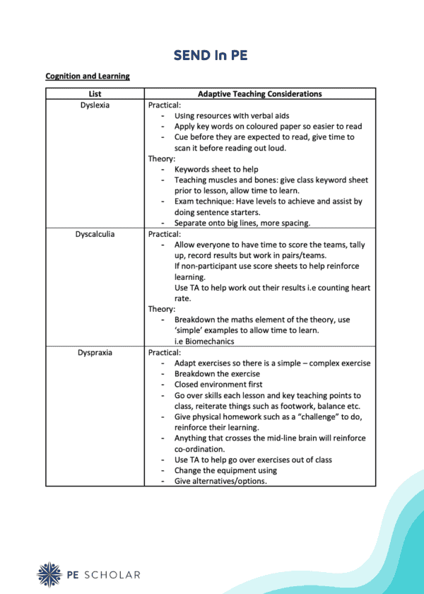 SEND In PE - Adaptive Teaching Considerations - PE Scholar