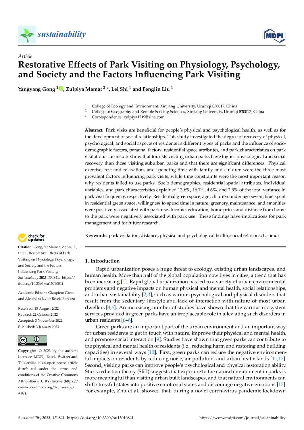 Park Visiting on Physiology, Psychology, and Society