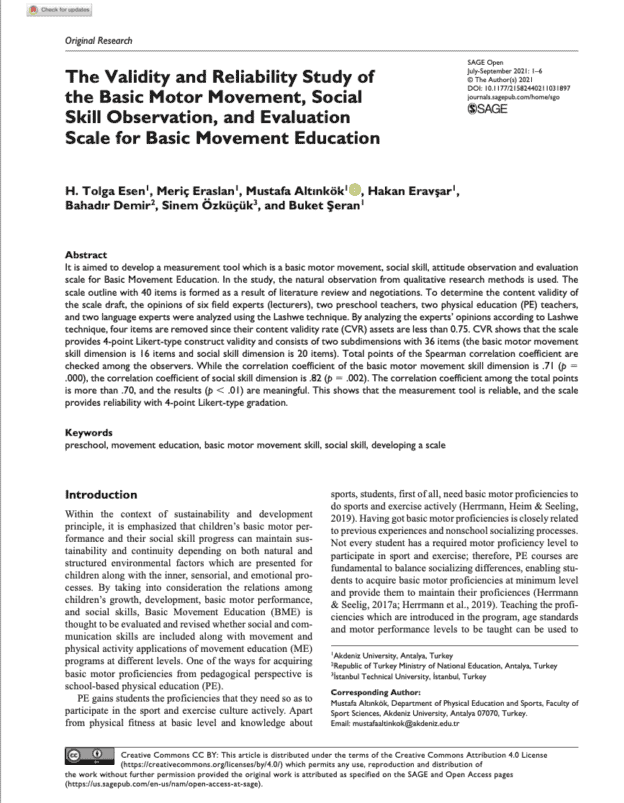 The Validity and Reliability Study of the Basic Motor Movement,