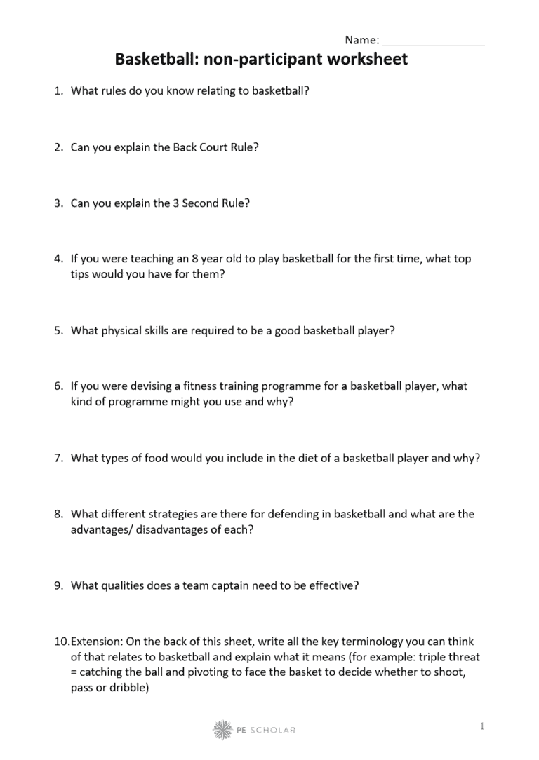 Basketball non-participant worksheet - PE Scholar