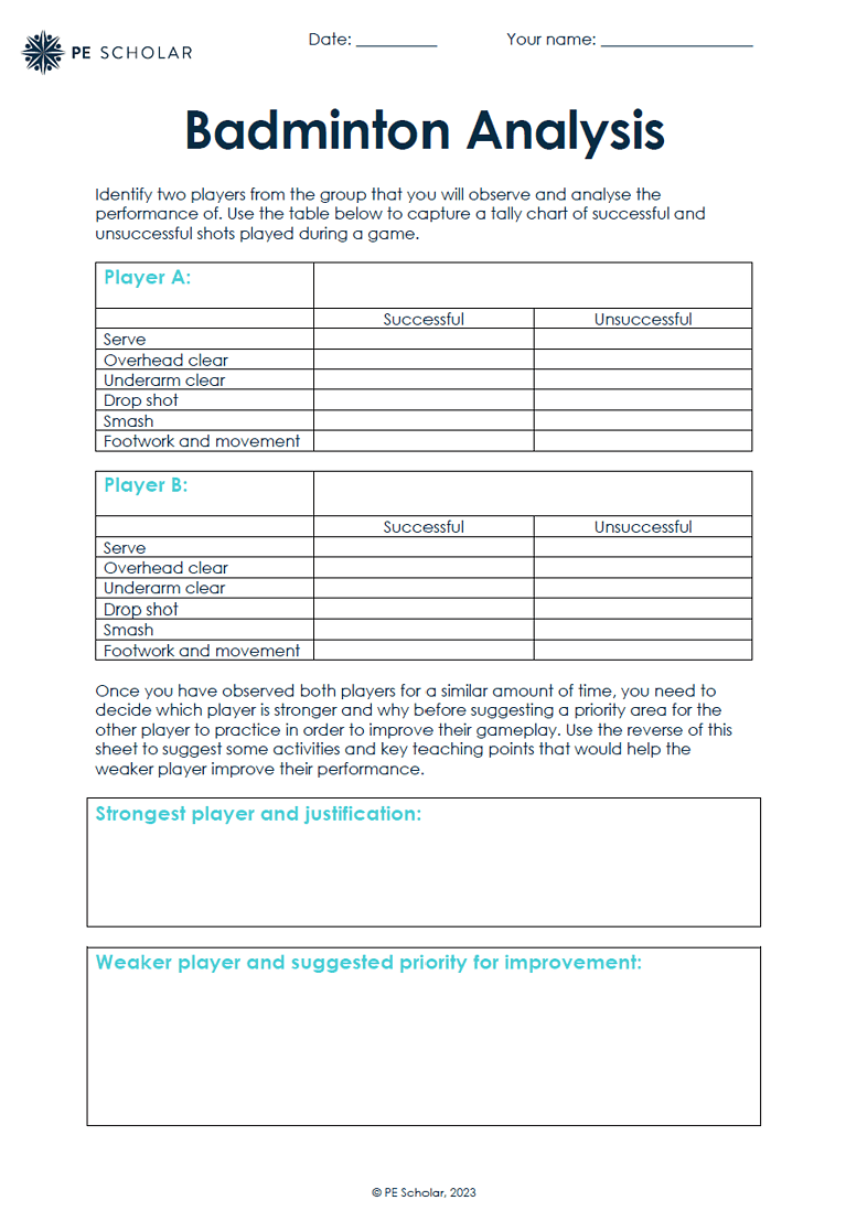 Badminton analysis worksheet - PE Scholar
