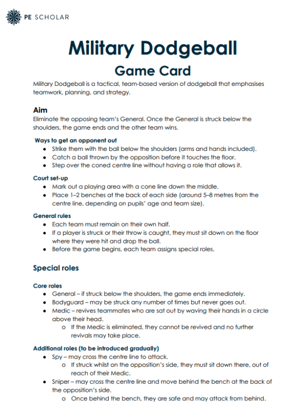 Military Dodgeball game card - PE Scholar
