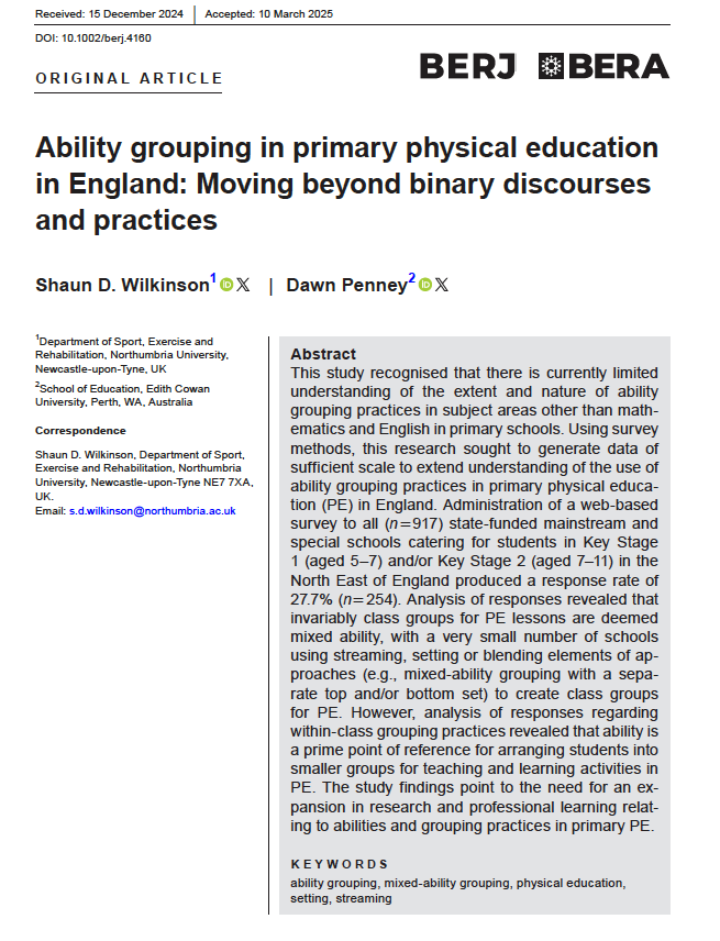 Ability grouping in primary physical education in England: Moving ...