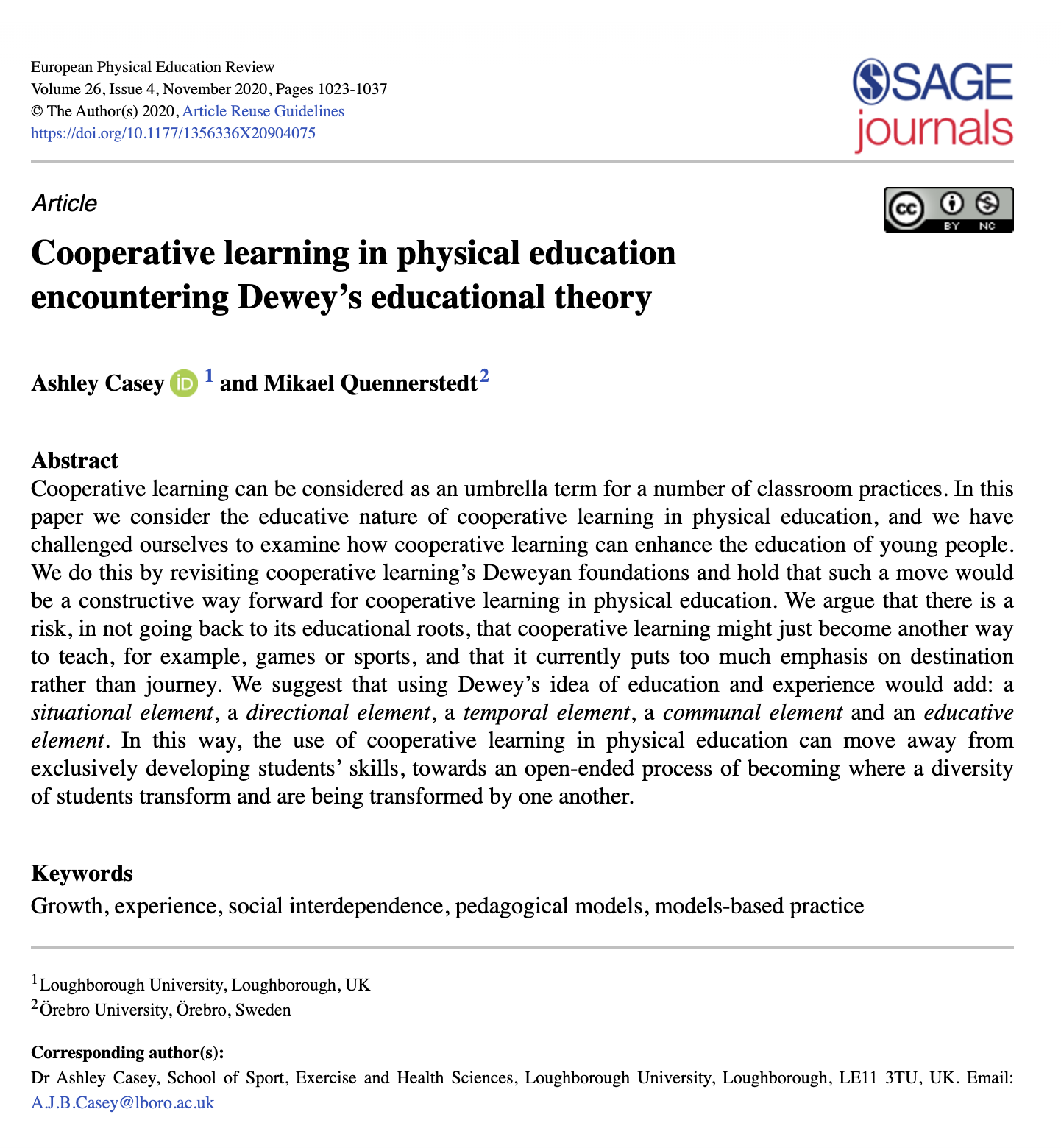 Cooperative learning in physical education